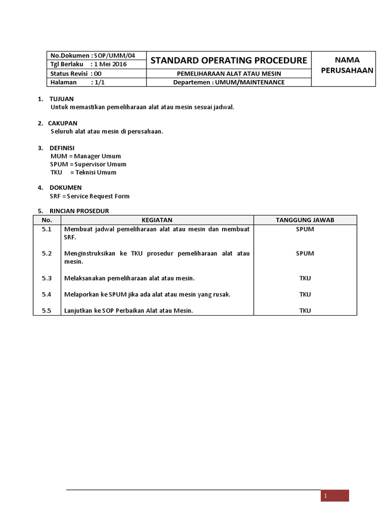 SOP Pemeliharaan Alat Atau Mesin | PDF