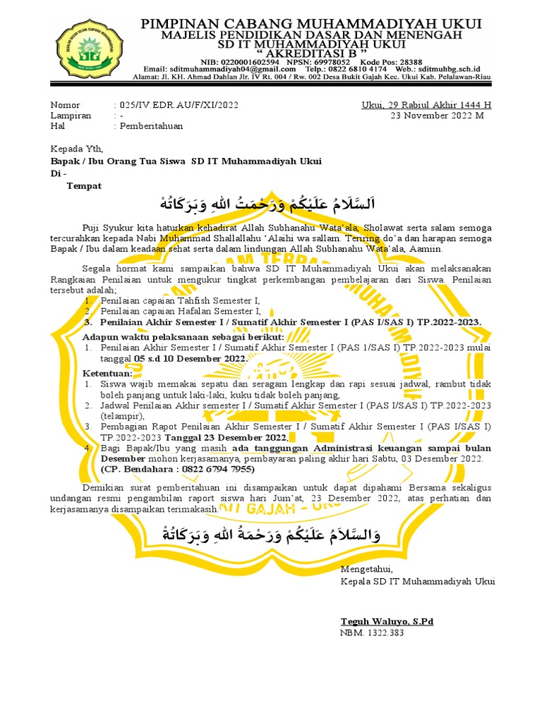 Surat Edaran Ujian Pas 1 2022-2023 | PDF