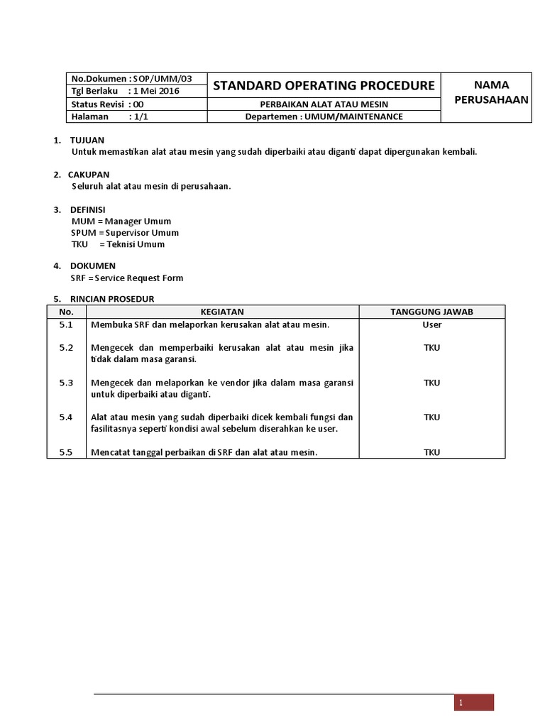 SOP Perbaikan Alat Atau Mesin | PDF