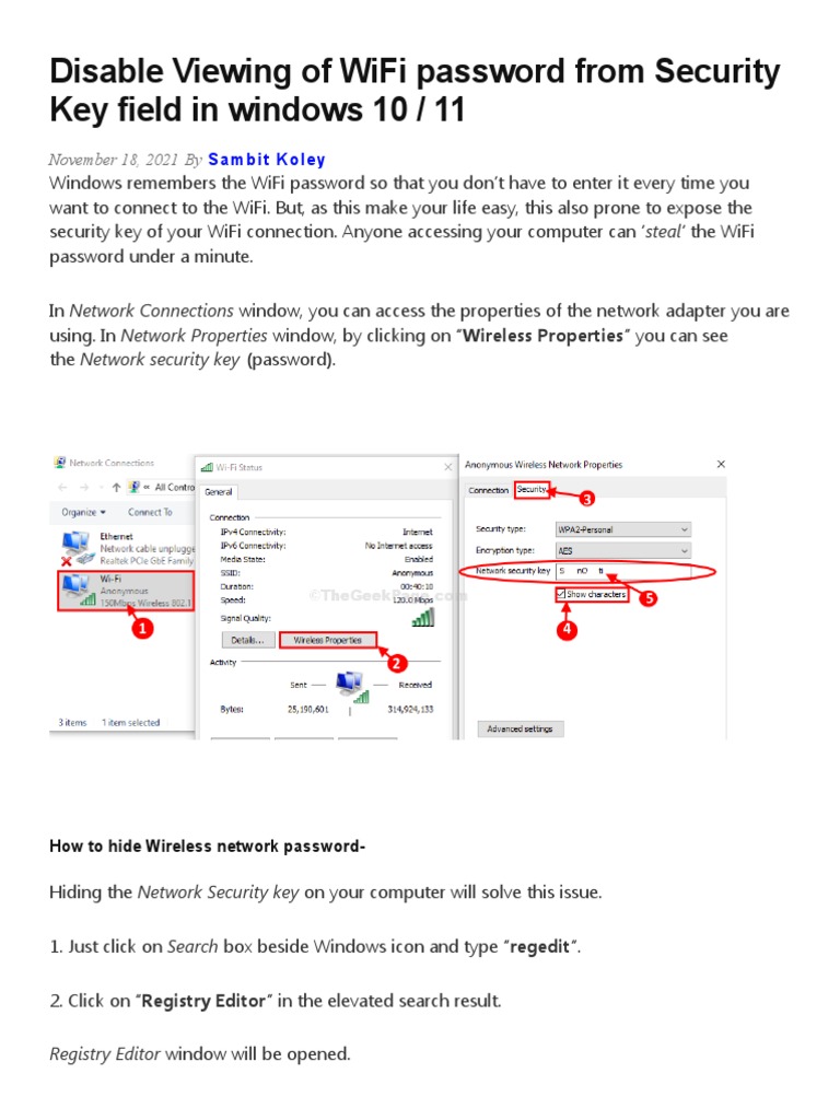 Disable Viewing of WiFi Password From Security Key Field in Windows 10 | PDF | Windows Registry ...