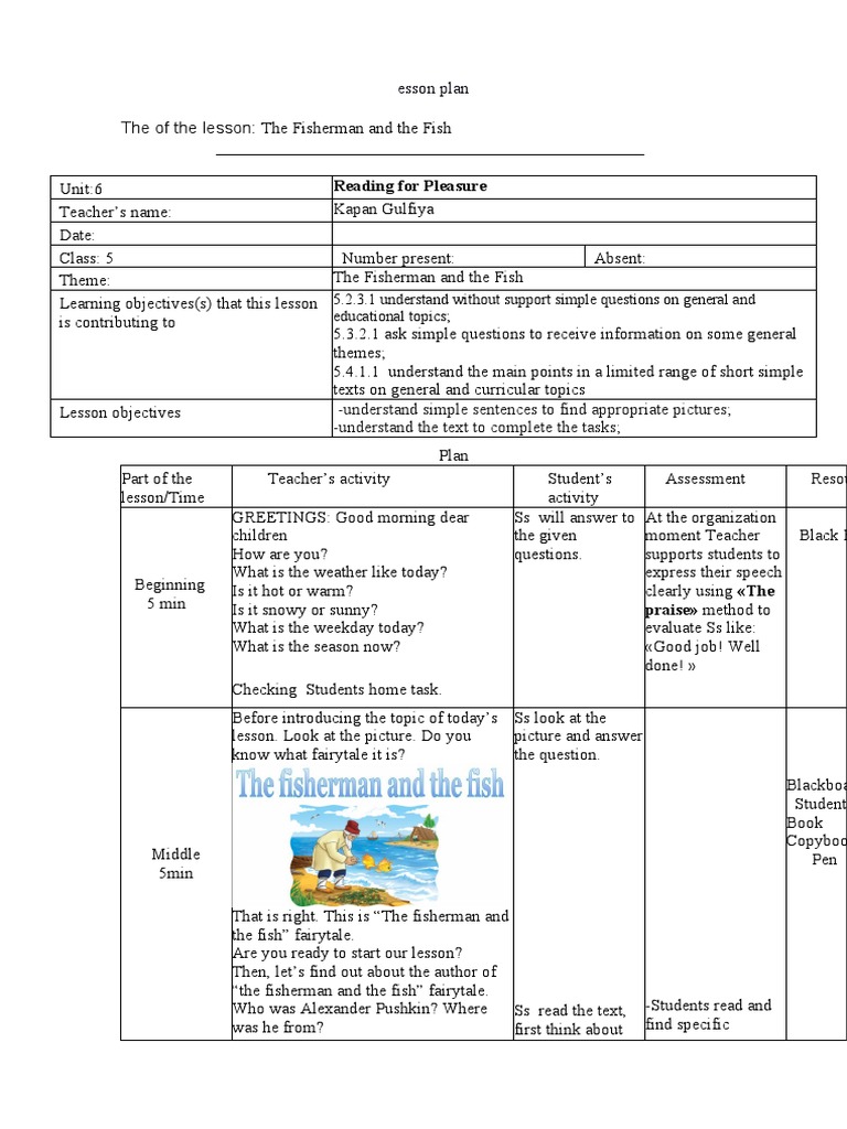Grade5 The Fisherman and The Fish | PDF | Lesson Plan | Learning