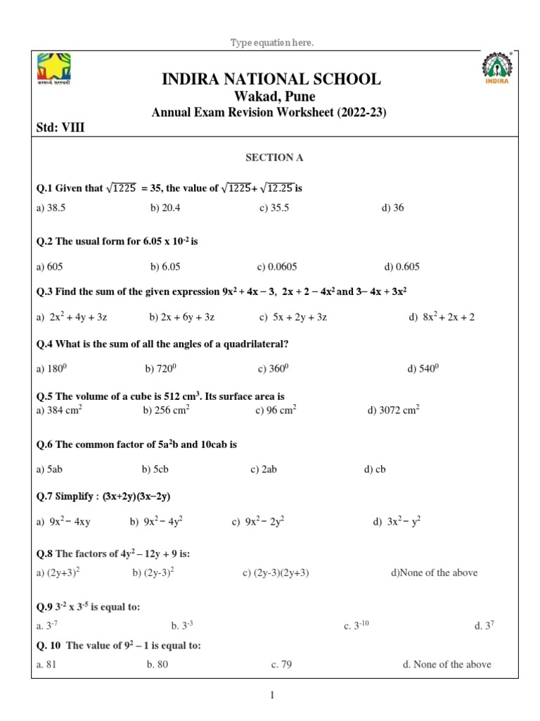 Grade 8 Ae Revision Worksheet 2022 23 Pdf Rectangle Elementary