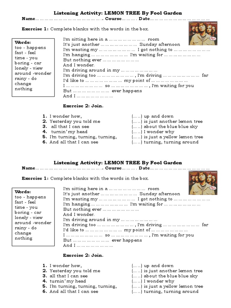Listening Activity LEMON TREE | PDF | Language Arts & Discipline | Home ...