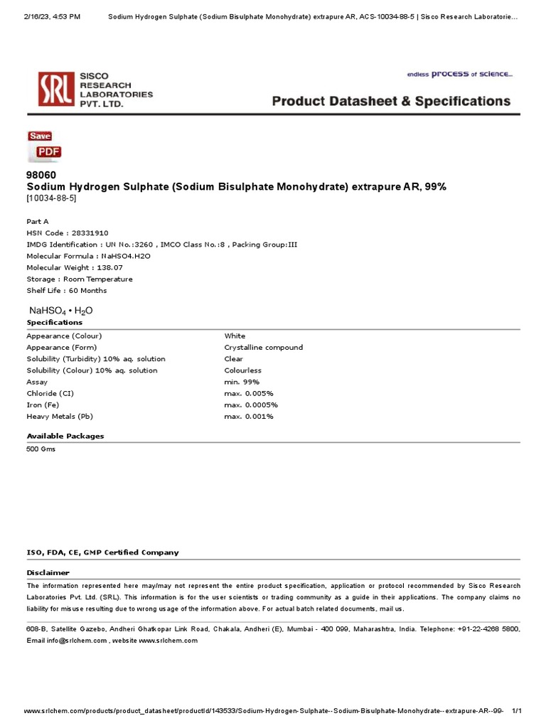 Sodium Hydrogen Sulphate (Sodium Bisulphate Monohydrate) Extrapure AR, ACS-10034-88-5 - Sisco ...
