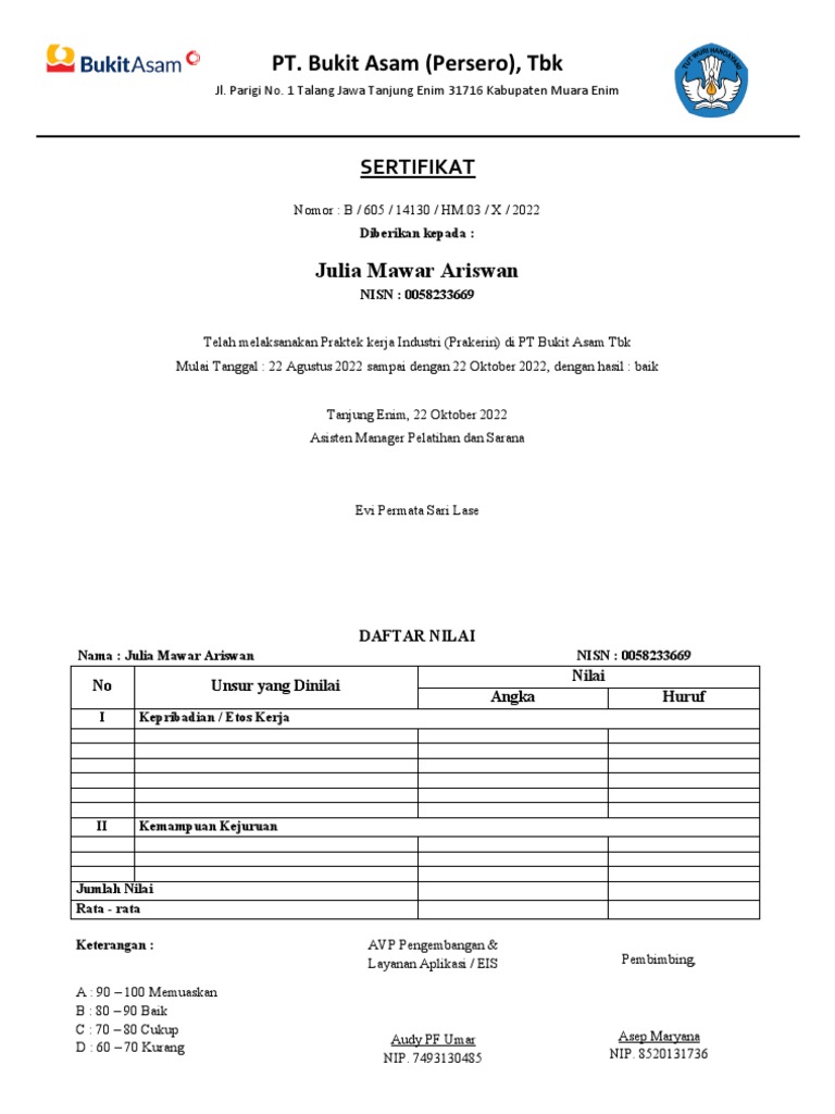 Sertifikat Prakerin Julia Mawar di Bukit Asam | PDF