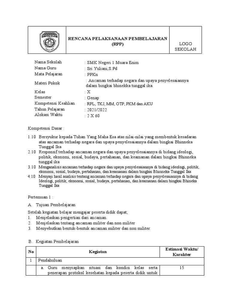 RPP PPKN Materi Ancaman Terhadap Negara Dalam Bingkai Bhineka Tunggal Ika | PDF | Sains & Matematika