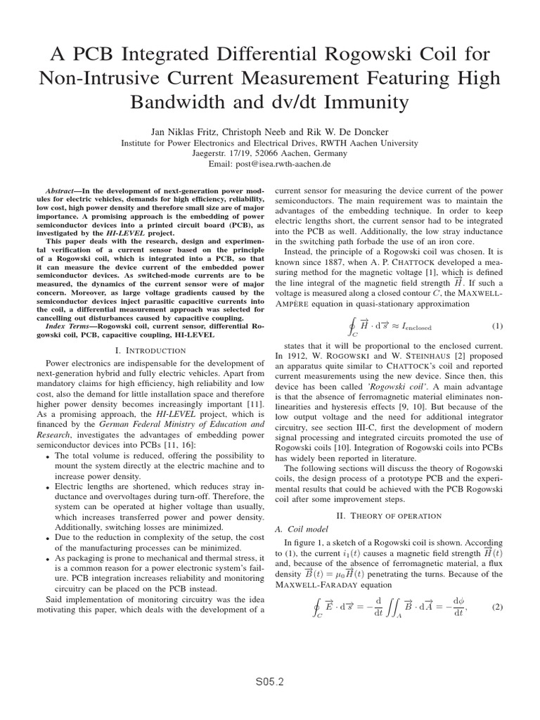 A PCB Integrated Differential Rogowski Coil For Non-Intrusive Current Measurement Featuring High ...