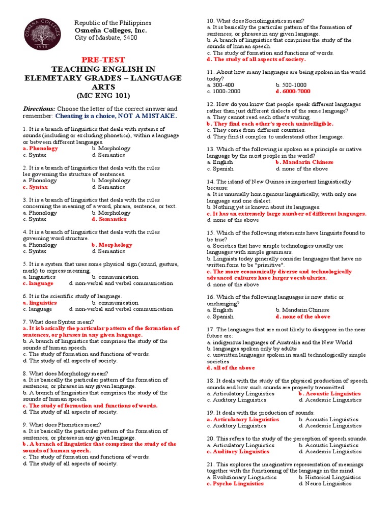 English Reading Level 2 Pre-Test | PDF | Linguistics | Speech