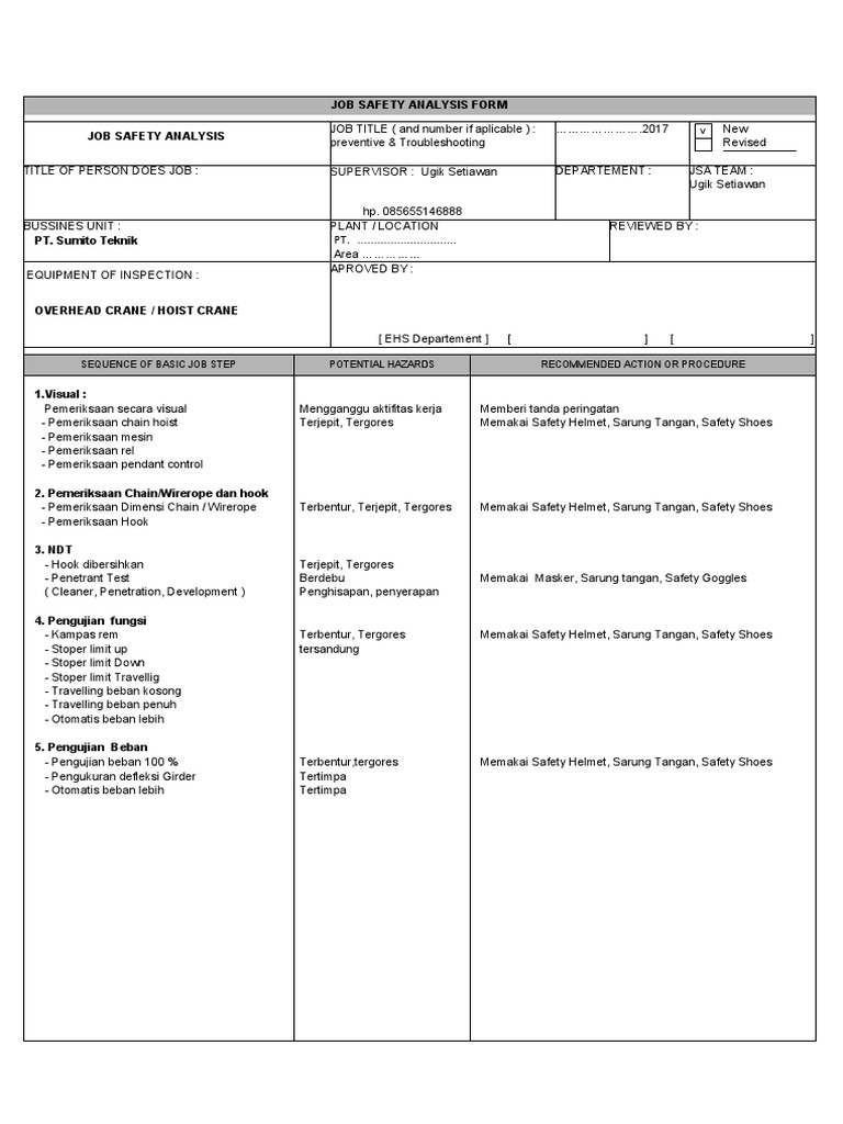 JOB SAFETY ANALYSIS (Chain Hoist) | PDF | Working Conditions | Systems Engineering