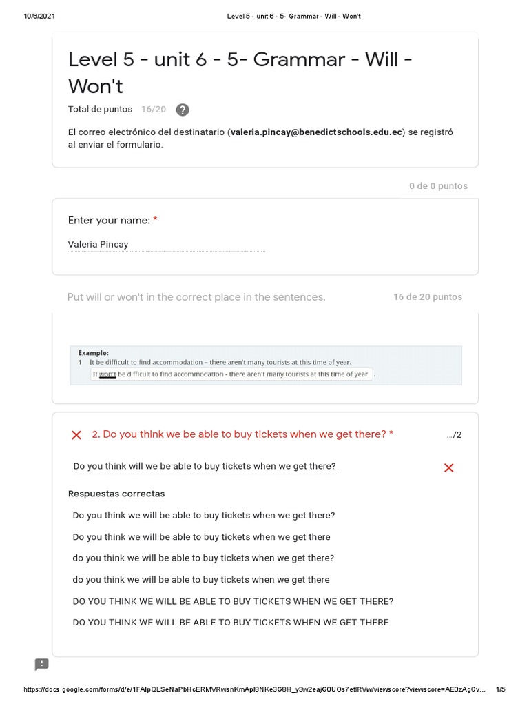 Level 5 - Unit 6 - 5 - Grammar - Will - Won't | PDF
