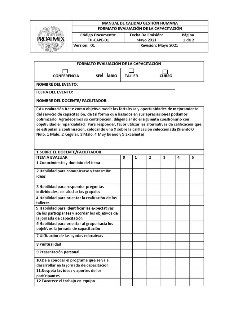 Formato Evaluación de La Capacitación | PDF | Evaluación