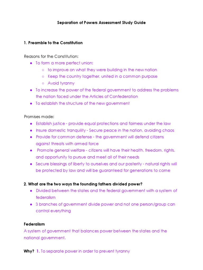 2023 Completed Separation of Powers Assessment Study Guide 1 | PDF ...