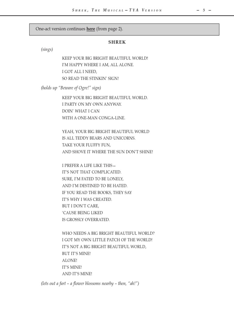 SHREK - Big Bright Beautiful World | PDF