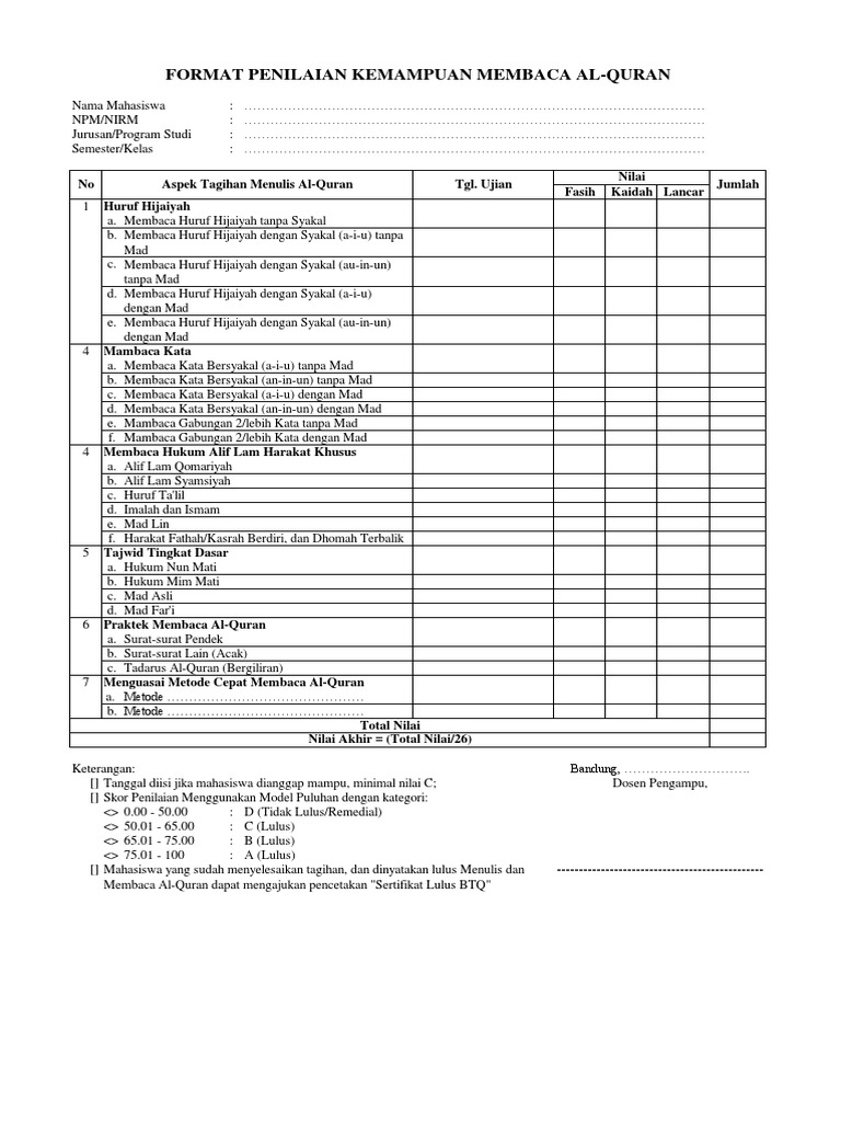 Format Penilaian Membaca Al Quran | PDF