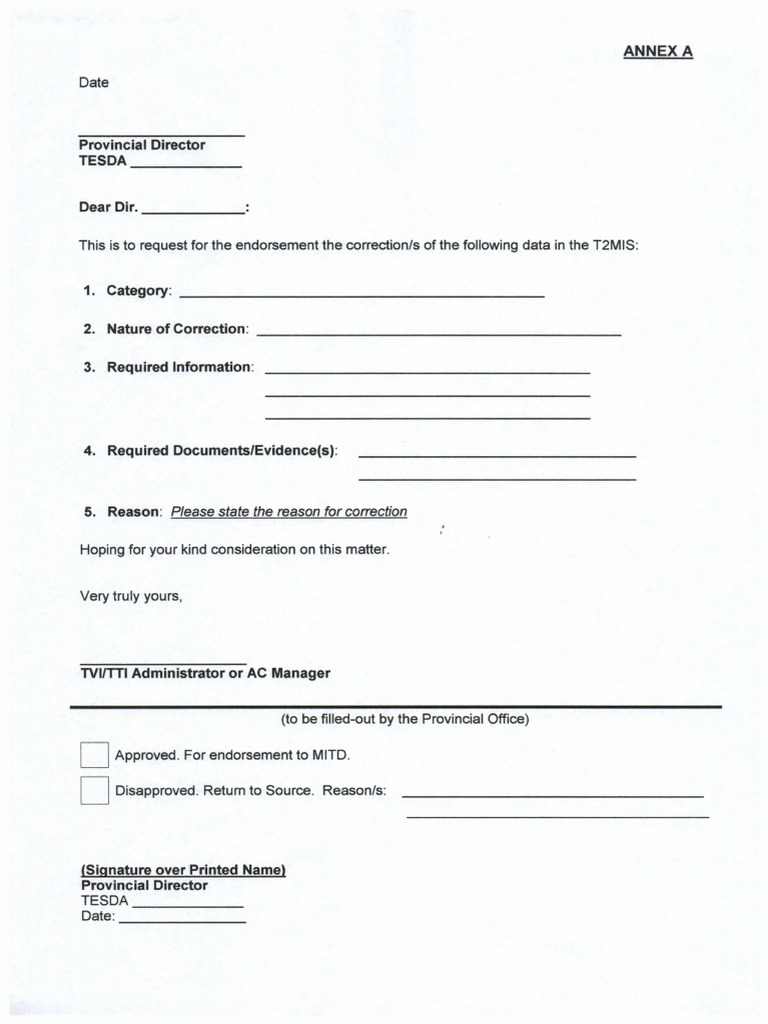 TESDA T2MIS Data Correction Request | PDF | Business