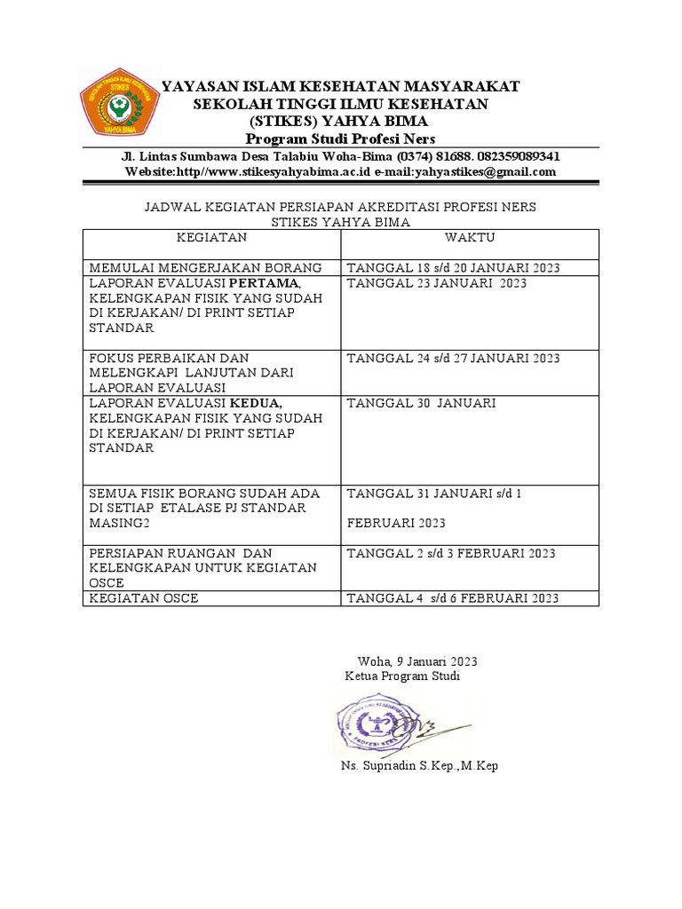 Jadwal Kegiatan Persiapan Akreditasi Profesi Ners | PDF
