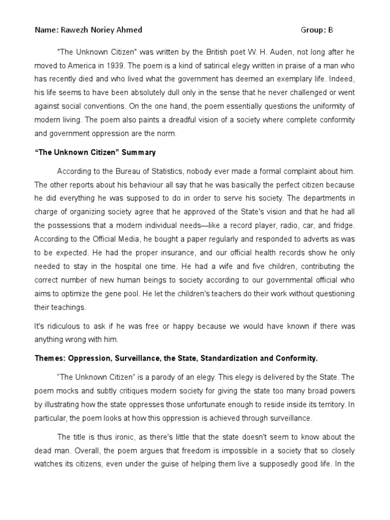 The Unknown Citizen Assignment | PDF | Poetry | Advertising