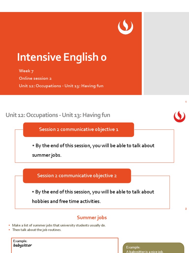 Intensive English 0: Week 7 Online Session 2 Unit 12: Occupations ...