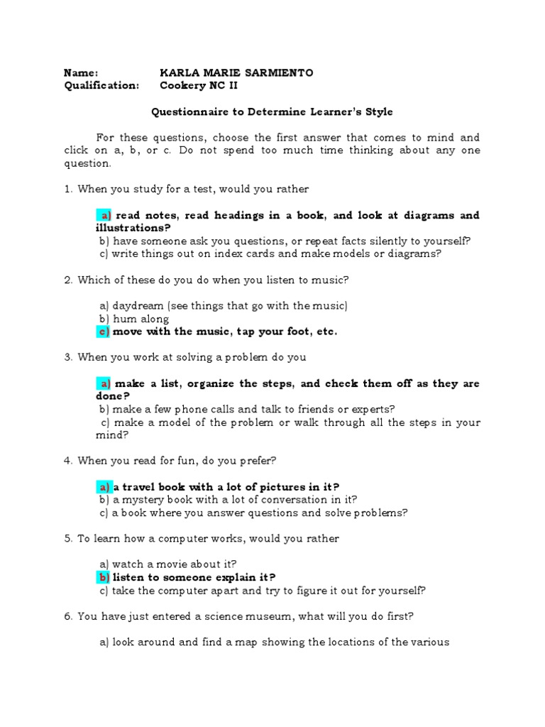 Ok PTS 1 - Questionnaire To Determine Learners Style | PDF | Learning Styles | Cognition
