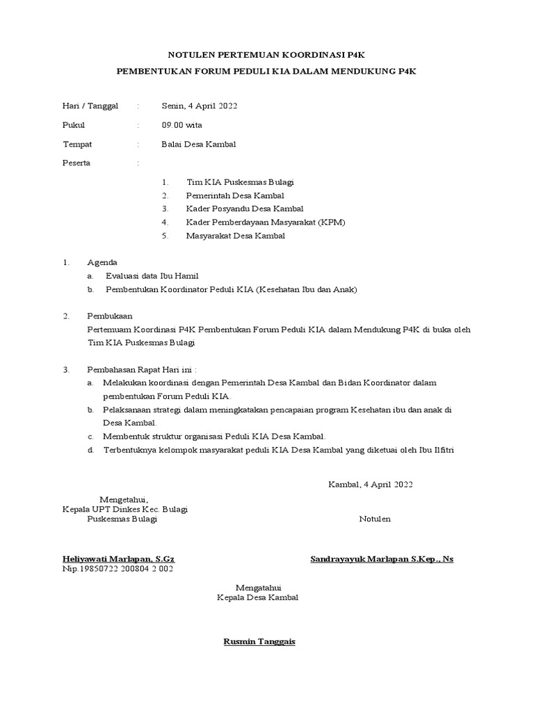 Notulen Pertemuan Koordinasi p4k | PDF