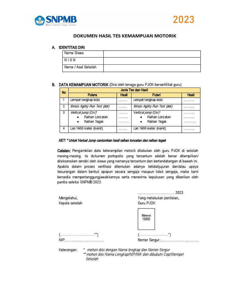 02 Template Hasil Tes Keterampilan Motorik (Porto Olahraga 2023) | PDF