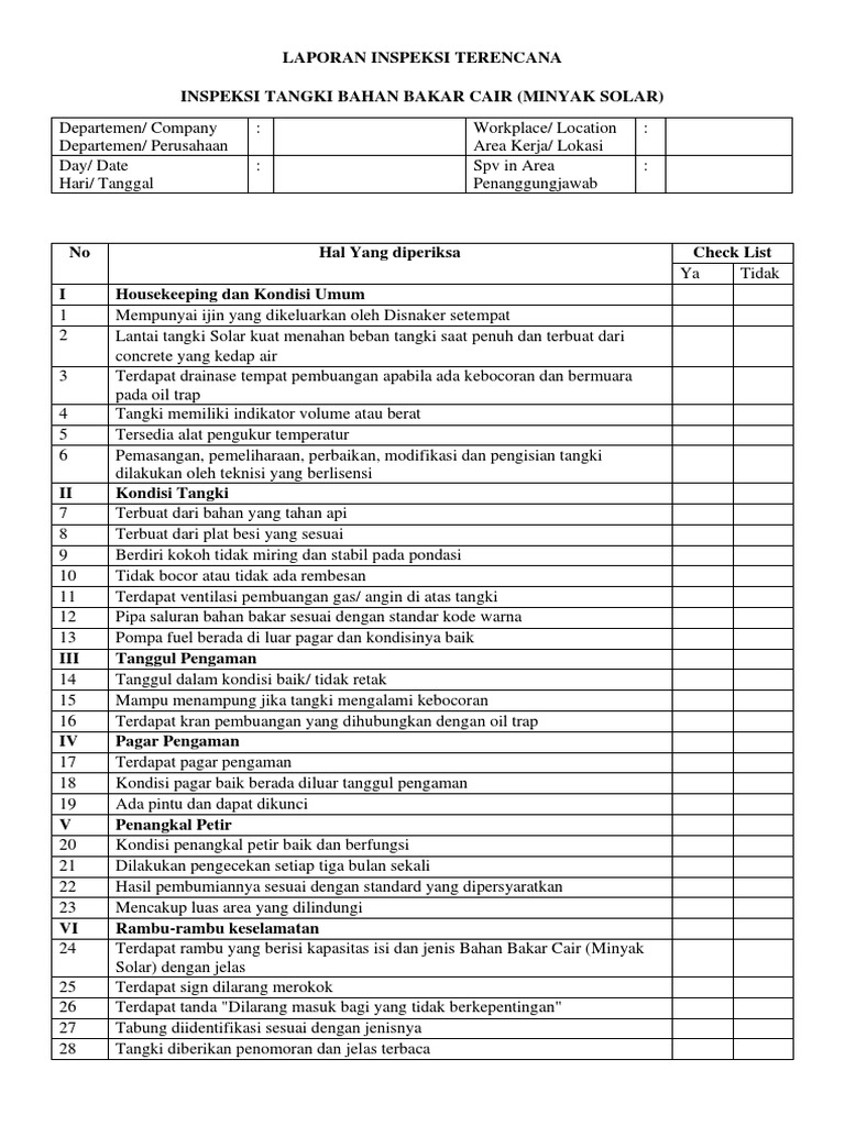 Lembar Checklist Tangki Solar | PDF