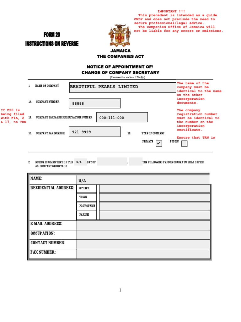 Form 20 (Precedent) NOTICE OF APPOINTMENT OF FIRST SECRETARY | PDF ...
