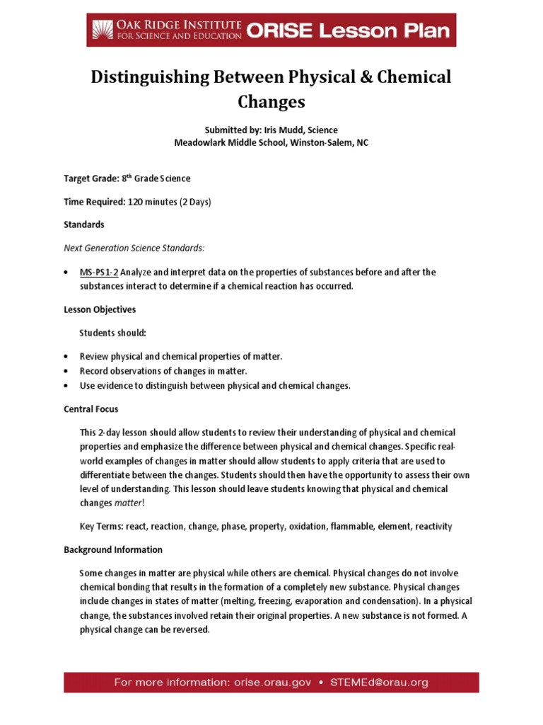 Distinguishing Between Physical Chemical Changes | PDF | Chemical ...