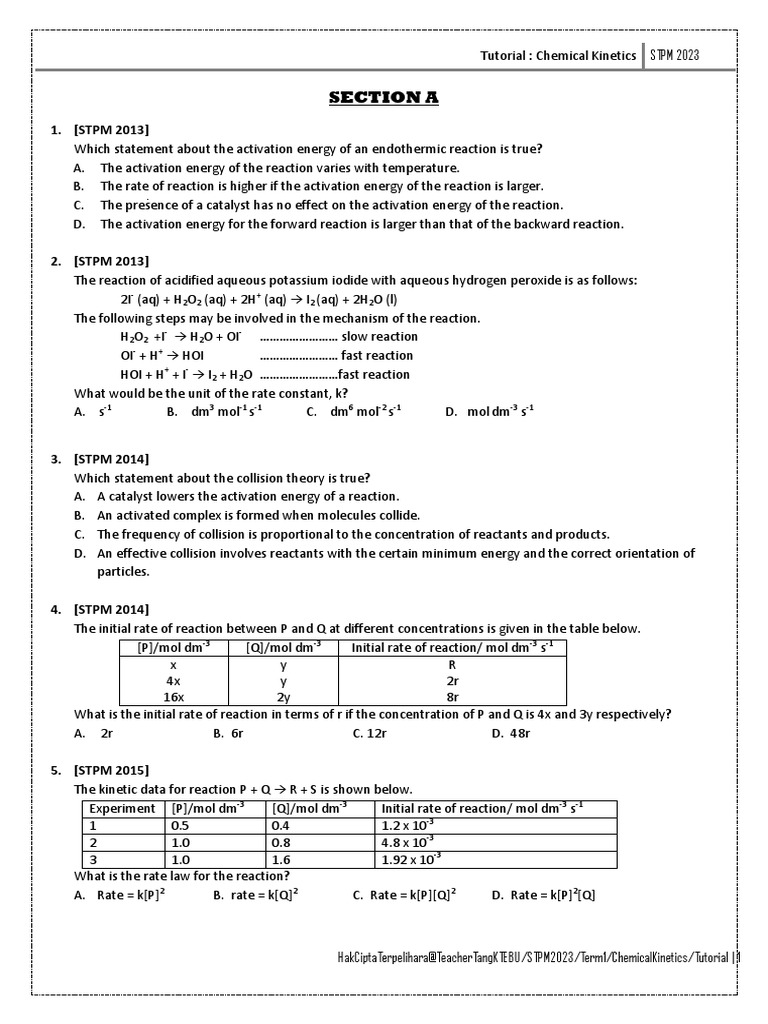 Kinetic Tutorial 1 | PDF | Reaction Rate | Activation Energy