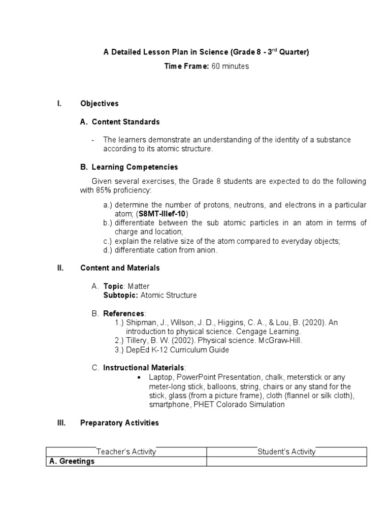 A Detailed Lesson Plan in Science (Grade 8 - 3 Quarter) Time Frame: 60 ...
