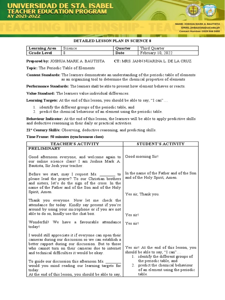 Grade 8 Science Detailed Lesson Plan | PDF | Actinide | Periodic Table