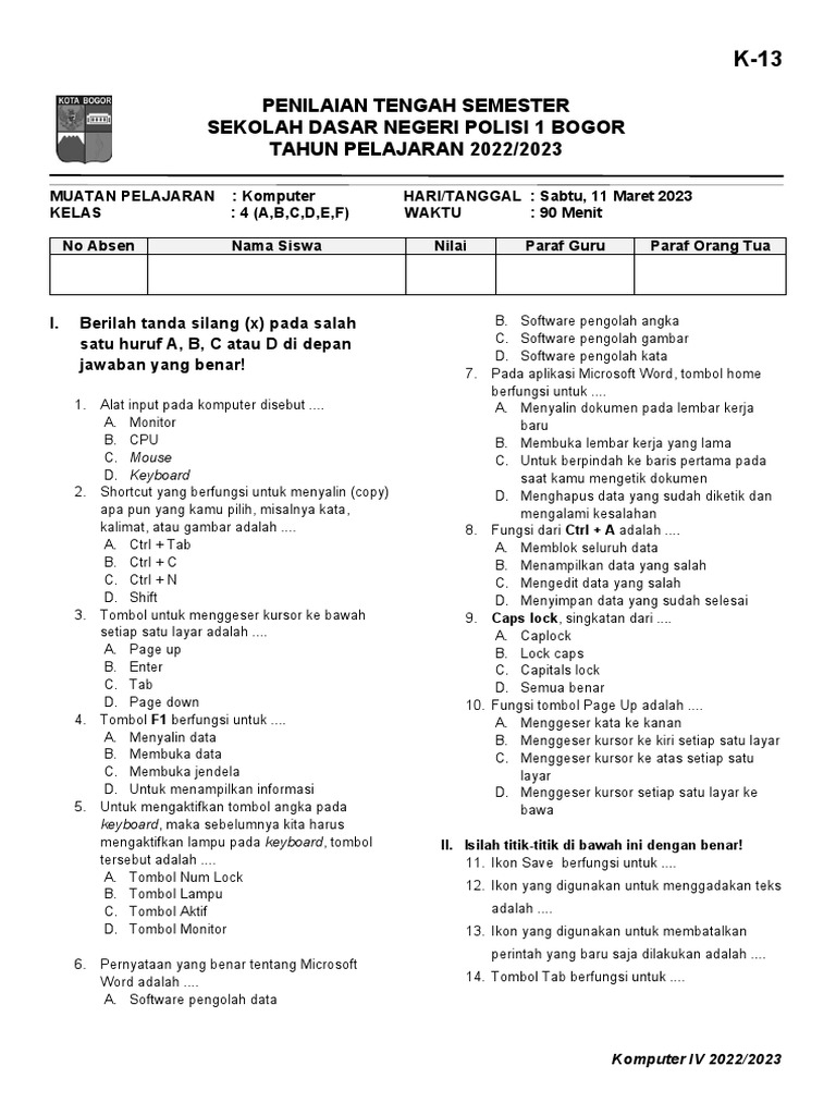 PTS Kelas 4 SMT Genap TP 2022-2023 | PDF
