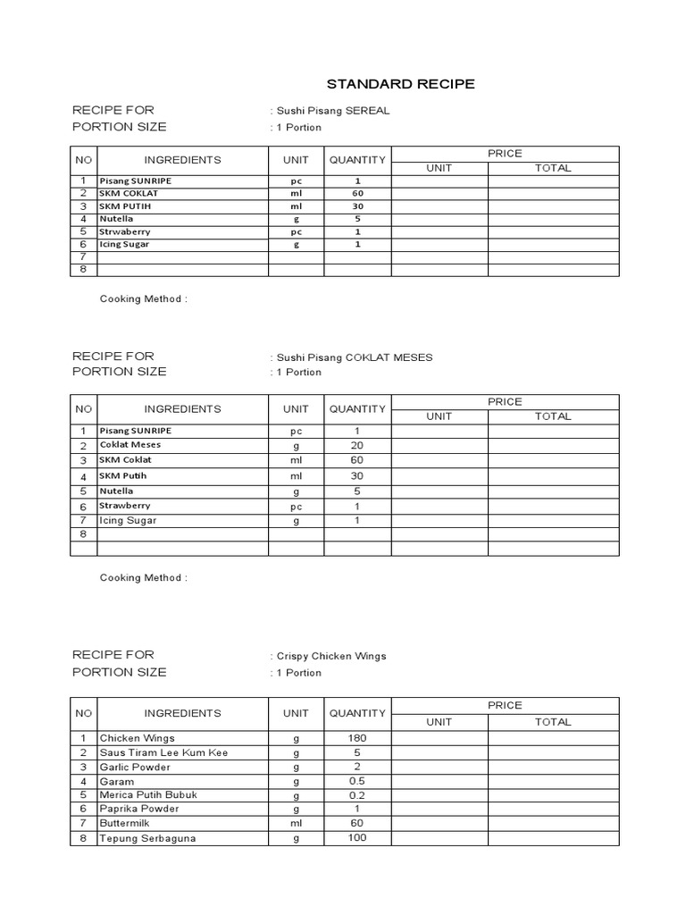 Form Standar Recipe | PDF | Indonesian Cuisine | Western Cuisine