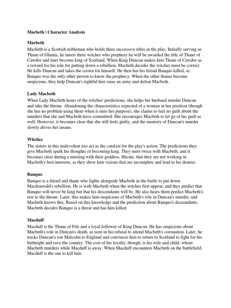 Analysis of Major Characters Macbeth Plus Plot | PDF | Macbeth ...