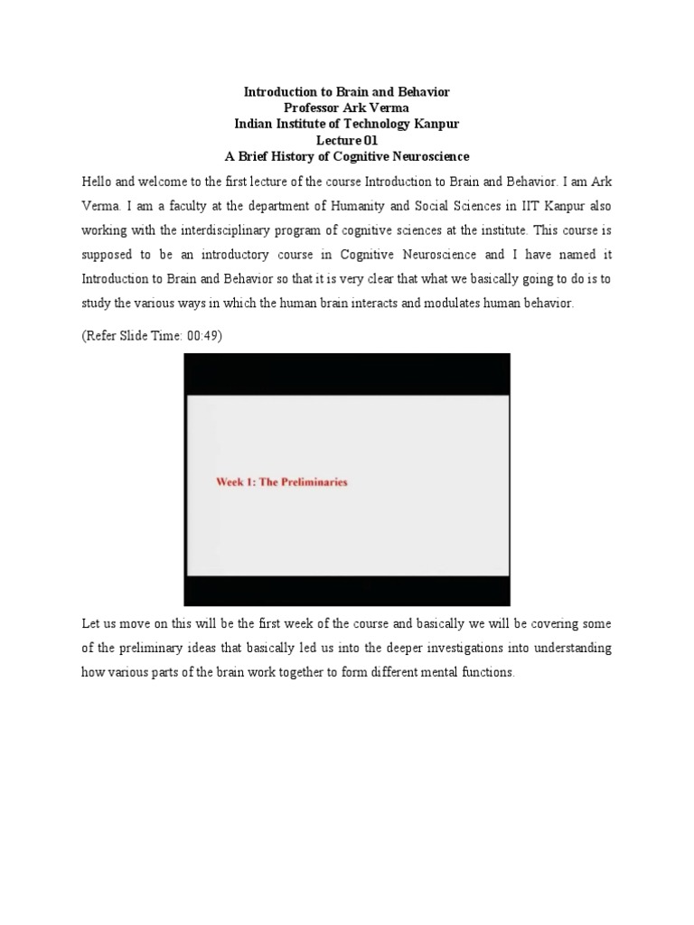 Lecture: 1 - Brain and Behaviour | PDF | Neuron | Mind