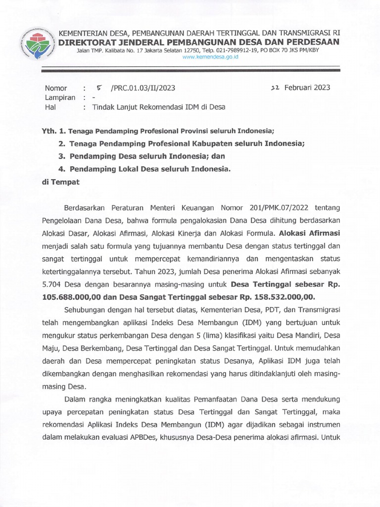 Tinjut Rekomendasi IDM Di Desa (TPP) | PDF