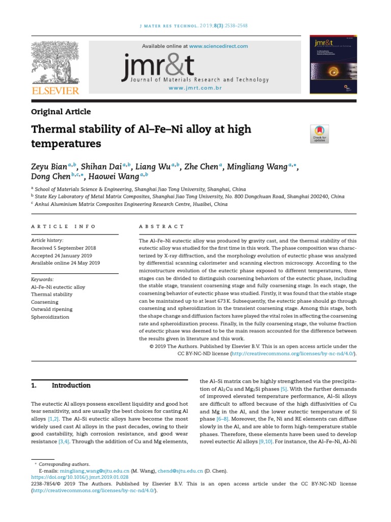 Thermal Stability of Al-Fe-Ni Alloy at High Temperatures | PDF | Alloy ...
