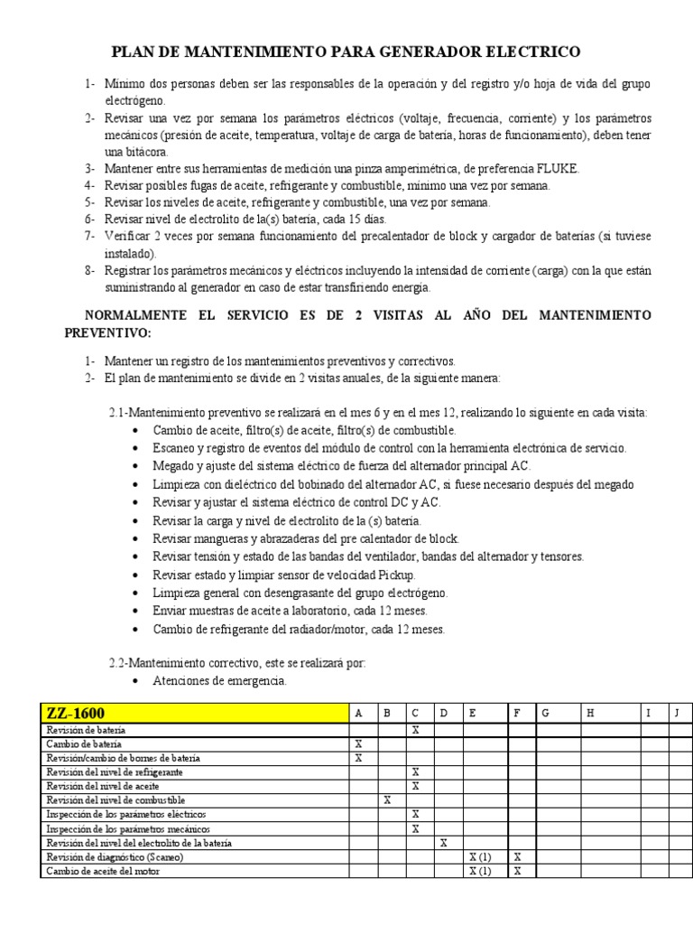 Plan de Mantenimiento para Generador Electrico | PDF | Transformador | Generador eléctrico