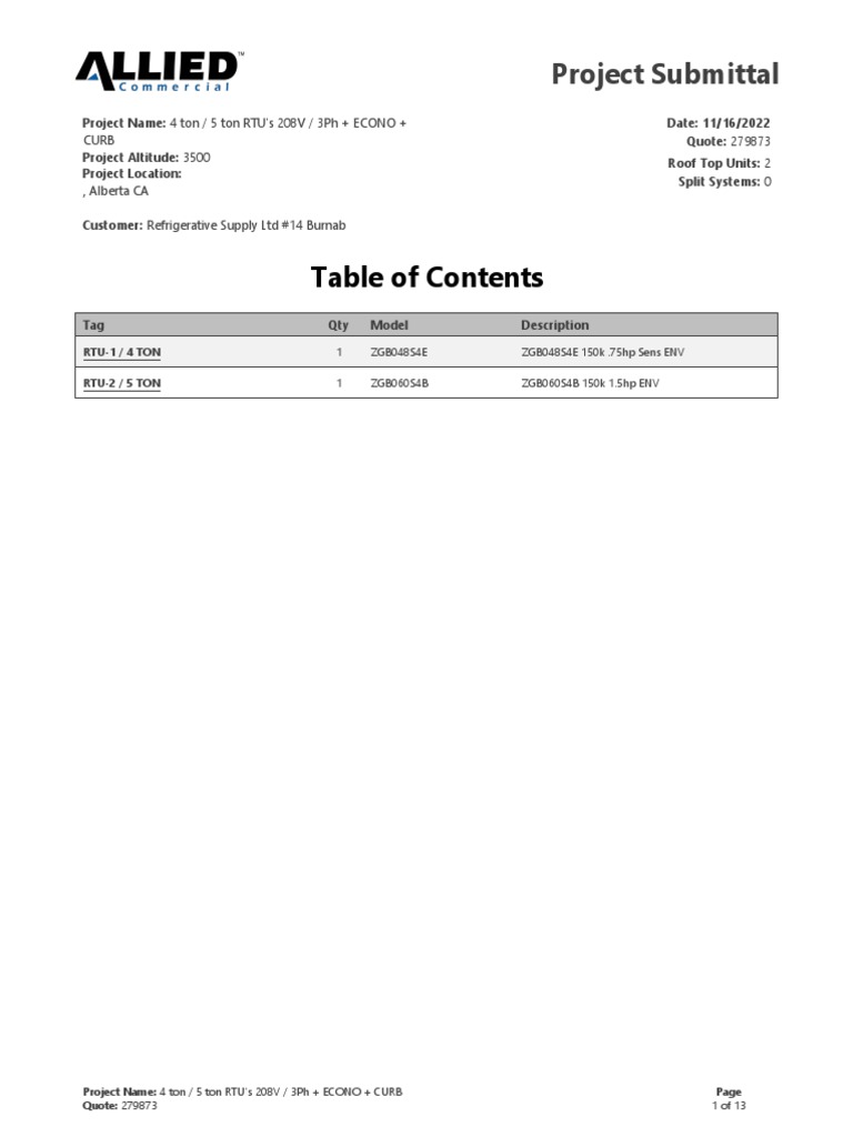 Submittal-279873-4 Ton - 5 Ton RTU's 208V - 3Ph + ECONO + CURB | PDF ...
