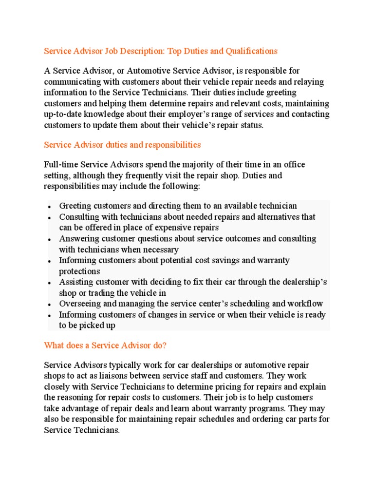 Service Advisor Job Description | PDF | Business