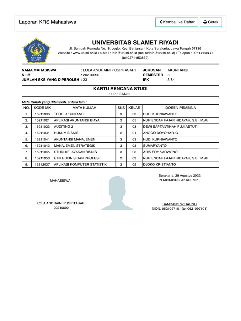 Laporan KRS Mahasiswa SMT 5 | PDF