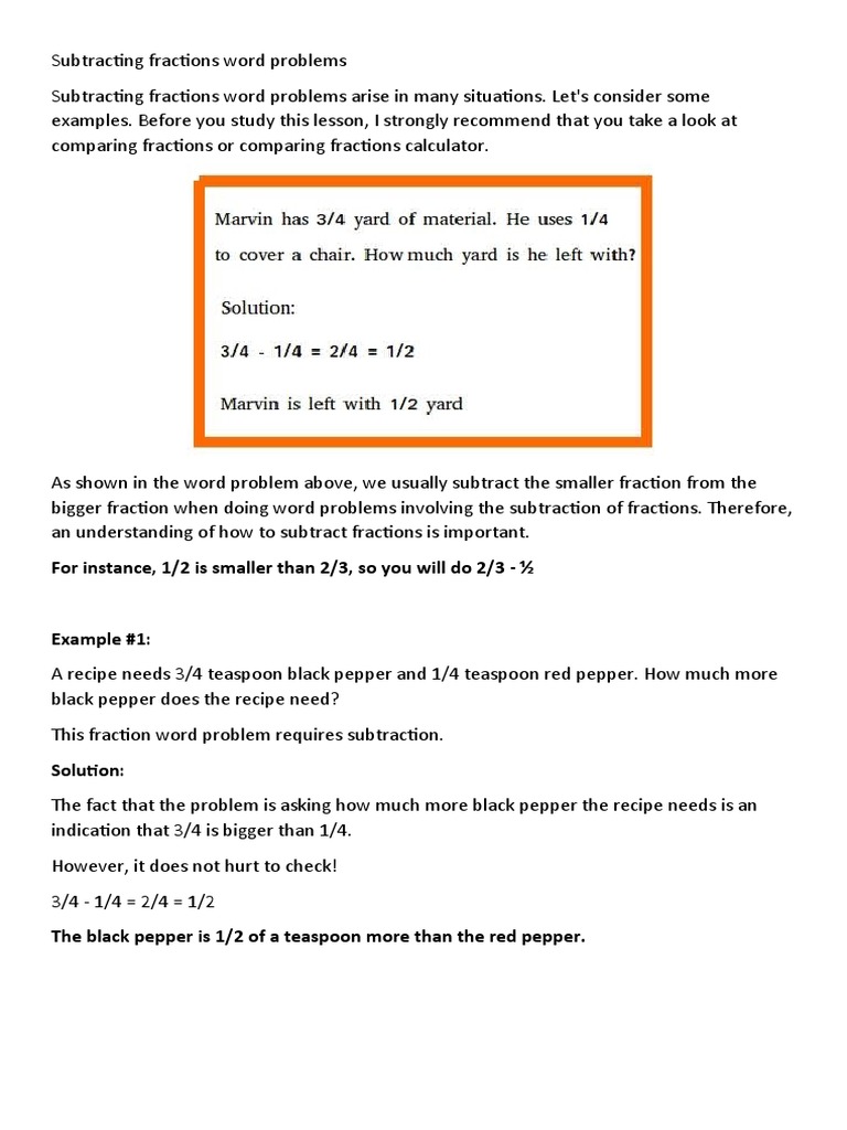 Subtracting Fractions Word Problems | PDF