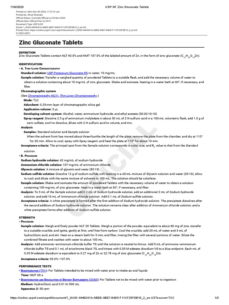 USP-43-NF Zinc Gluconate Tablets | PDF | Thin Layer Chromatography | Zinc