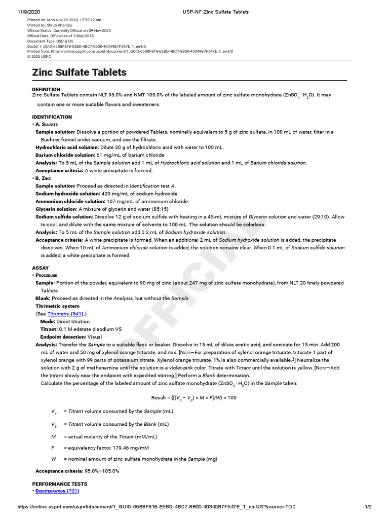USP-43-NF Zinc Sulfate Tablets | PDF | Titration | Chemistry