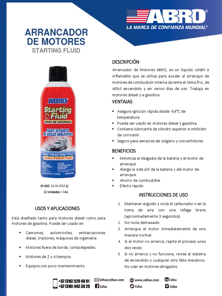Eter Arrancador de Motores ABRO SF-650 | PDF | Motor diesel | Gasolina
