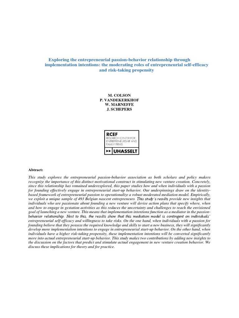 Exploring The Entrepreneurial Passion-Behavior Relationship Through Implementation Intentions ...
