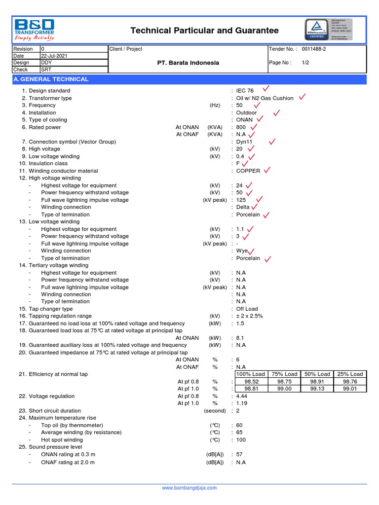 Technical Specifications and Performance Guarantee for an 800 KVA, 20/0.4 kV Outdoor ...