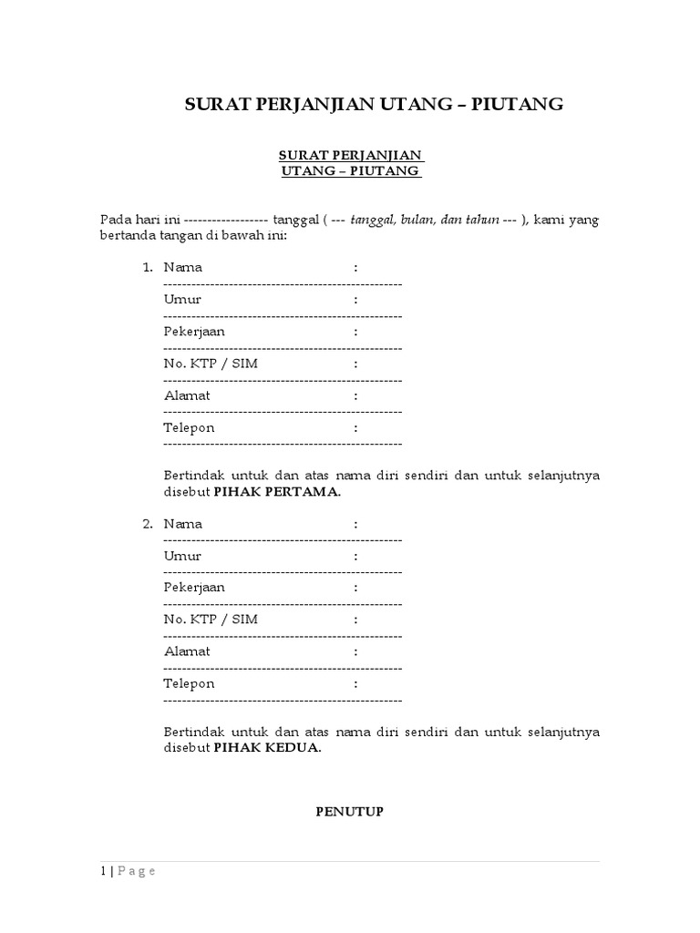 Contoh Surat Perjanjian Utang Piutang FH UII | PDF