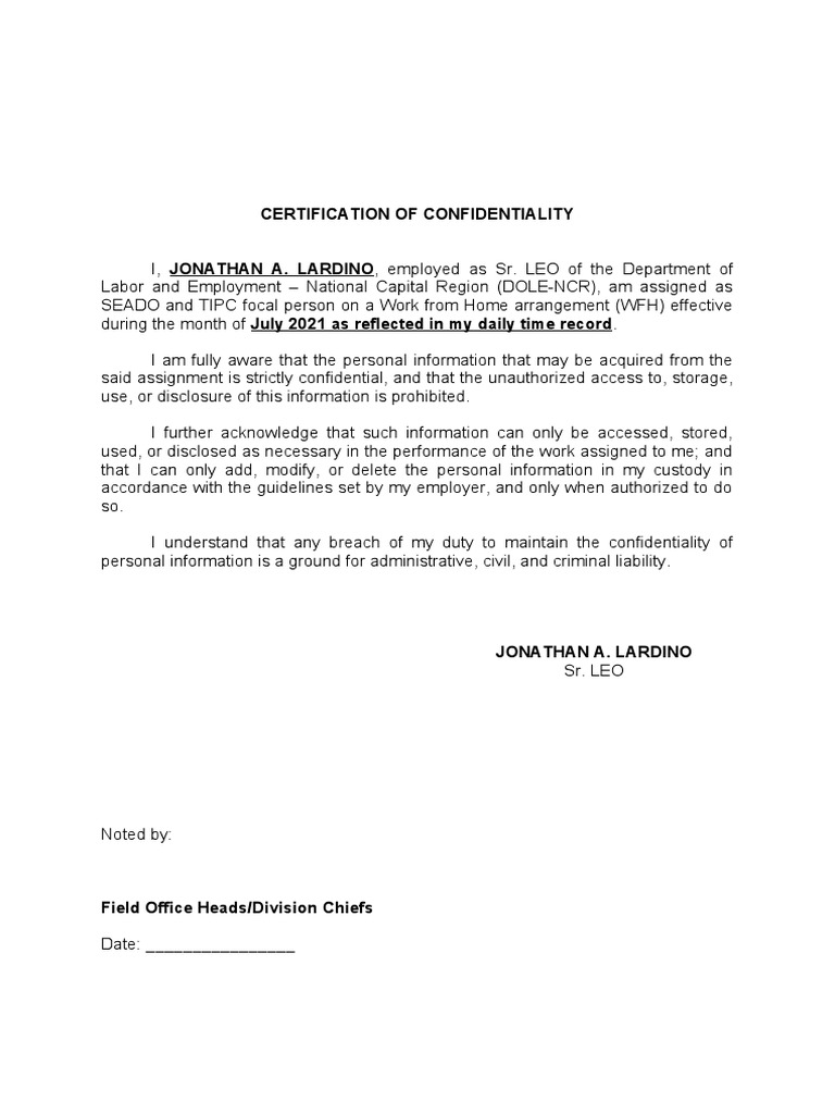 Confidentiality Certification for DOLE-NCR | PDF