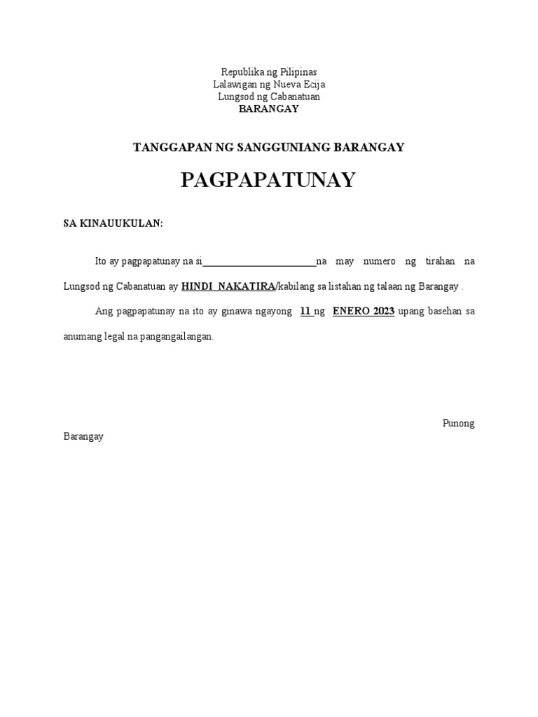 Cert of Non Residency Sa Brgy | PDF